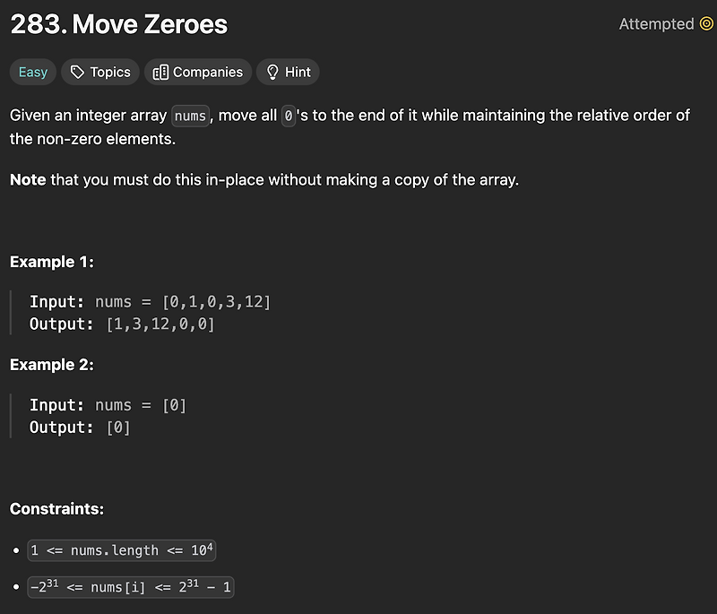 [Leetcode/Two Pointer] 283. Move Zeroes