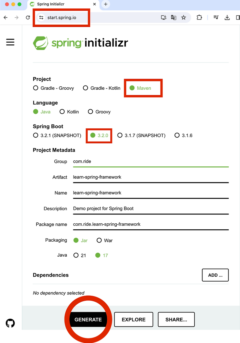 [SpringFramework] 스프링프로젝트 생성(spring.io, InteliJ), 클래스 생성