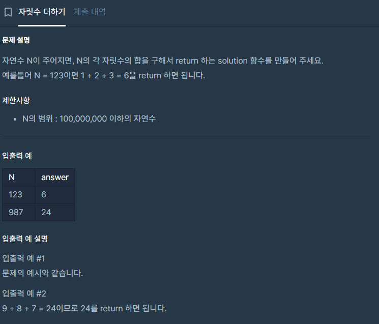 [프로그래머스/Java] 자릿수 더하기