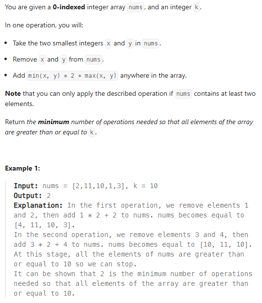 [Leetcode / Python] 3066. Minimum Operations to Exceed Threshold Value II