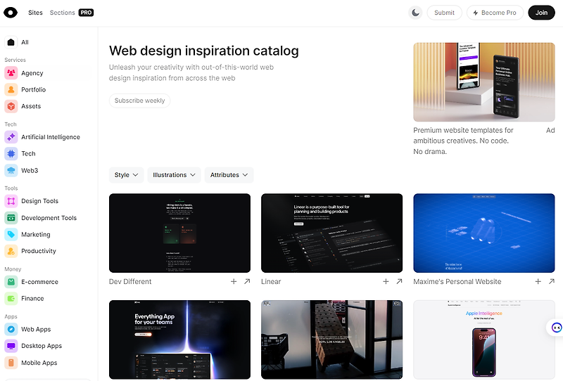 Curated web design inspiration catalog