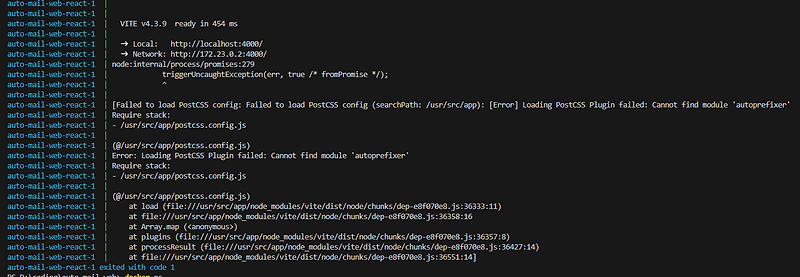 Docker + React + Tailwind 중 에러 - Failed to load PostCSS config