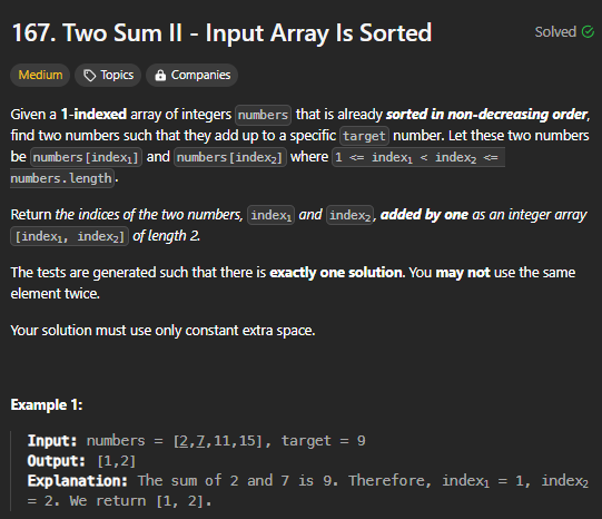 [TwoPointers][Medium] 167. Two Sum II - Input Array Is Sorted