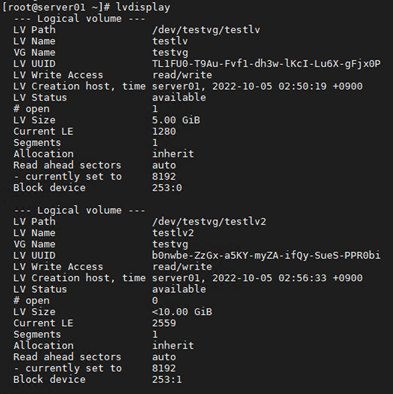 Linux LVM LV attr 정보 조회