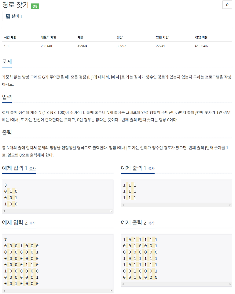 BAEKJOON / 백준 - JAVA 11403번 경로 찾기 — SlowCoding