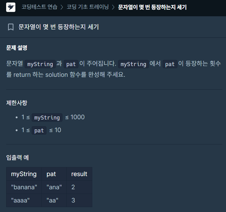 [프로그래머스][PYTHON] Lv. 0 문자열이 몇 번 등장하는지 세기 — yeonnys' 개발일지