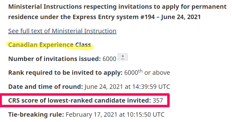 6월 24일 캐나다 이민 Express Entry rounds of invitations