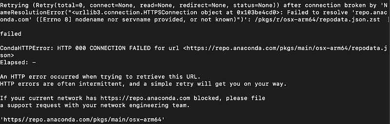 [Pyton, Miniconda] MacOS에서 CondaHTTPError: HTTP 000 CONNECTION FAILED for url 해결방법