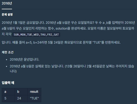 Programmers 문제 12901번 2016년 — Coding-Leaf