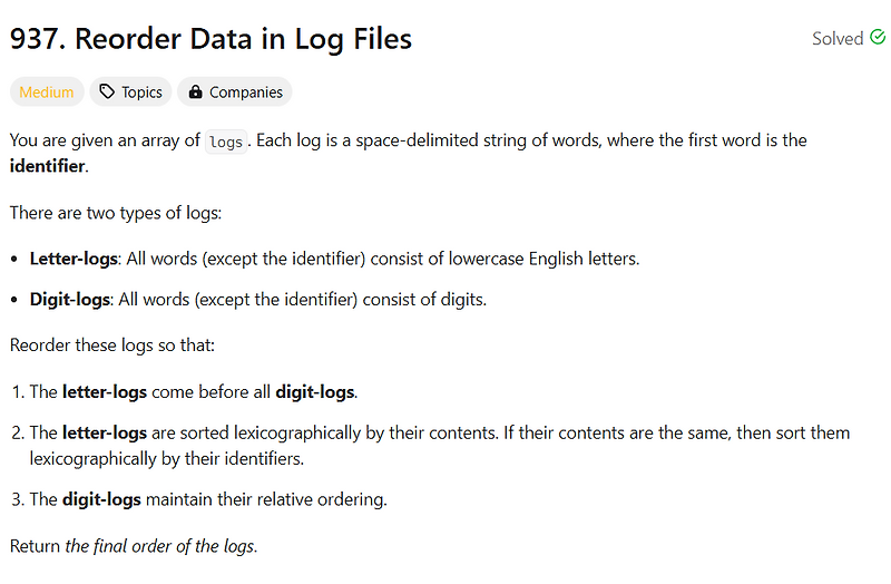 leetcode 937. Reorder Data in Log Files