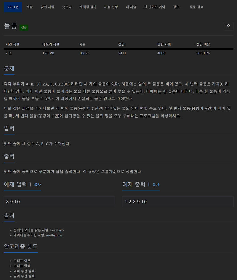 [BOJ - JAVA] 2251 - 물통 (BFS)