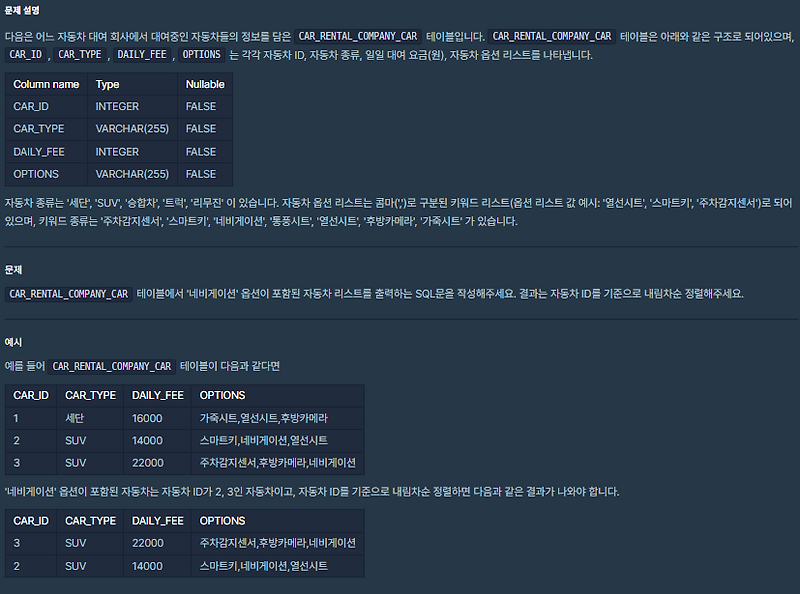 특정 옵션이 포함된 자동차 리스트 구하기 - LIKE — Data Analyst Hwang