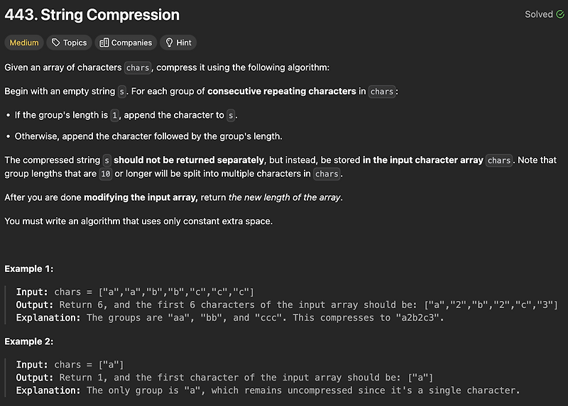 [Leetcode/TwoPointer] 443. String Compression