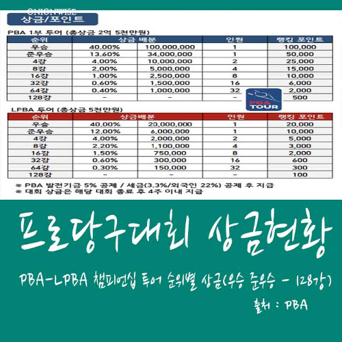 프로당구대회 우승 상금 현황 - PBA LPBA투어 순위별 상금 및 포인트