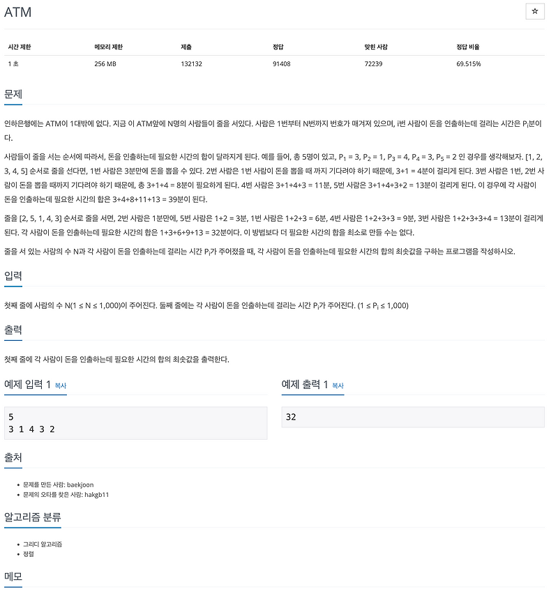 [JAVA] 백준 11399번 : ATM