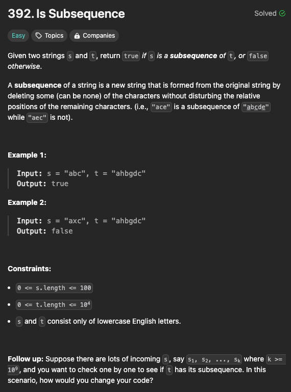 (간단한 코드)리트코드 392. Is Subsequence