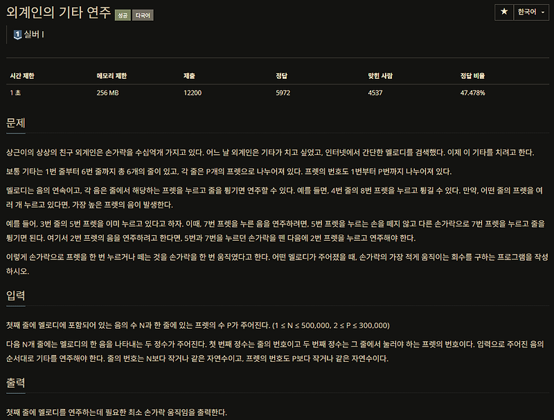 [BOJ 2841] 외계인의 기타 연주