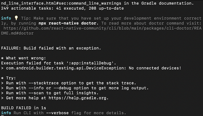 [ React Native ] com.android.builder.testing.api.DeviceException: No ...