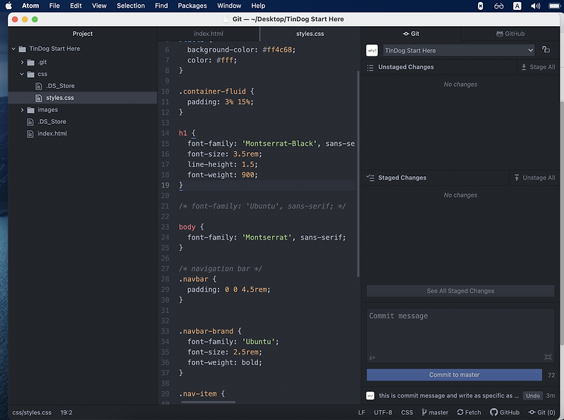 atom) git stage all, commit, push, fetch 하기