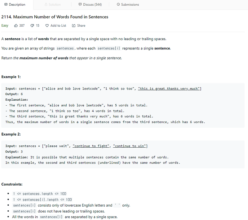 leetcode 2114. Maximum Number of Words Found in Sentences