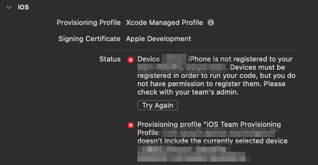 문제해결)Xcode) Device ~ is not registered to your team ~. Device must be registred in order to run ...