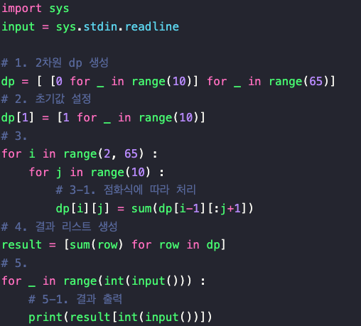 [Python/BOJ] 2688. 줄어들지 않아 — Oneul