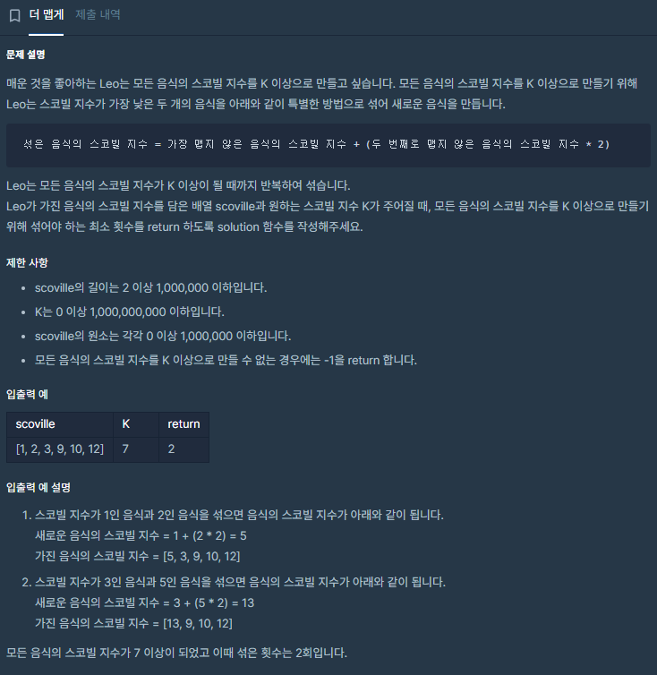 [프로그래머스 Lv2,python]- 더 맵게