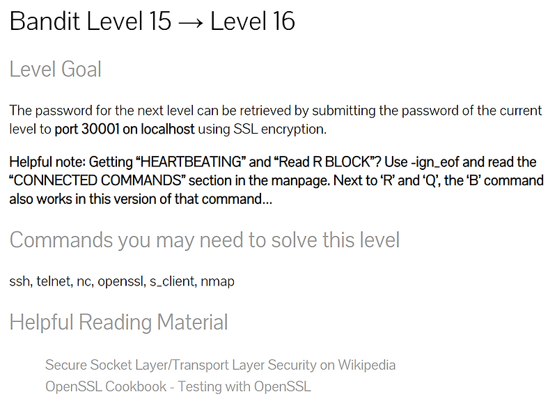 Wargame Writeup | OverTheWire Bandit | Level15 -> Level16 — 정보 보안 전공생 머릿속에