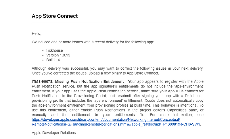 [IOS] ITMS-90078: Missing Push Notification Entitlement 오류 해결