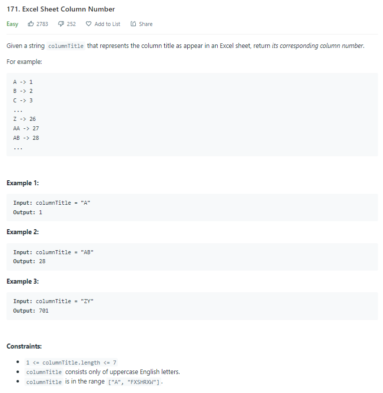 [LeetCode] 171번 문제를 풀어보았다. (ft. java)