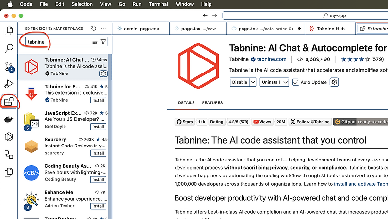 IDE(vs code)에 Tabnine 설치 및 로그인