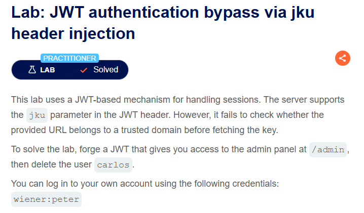 Portswigger - JWT authentication bypass via jku header injection solution