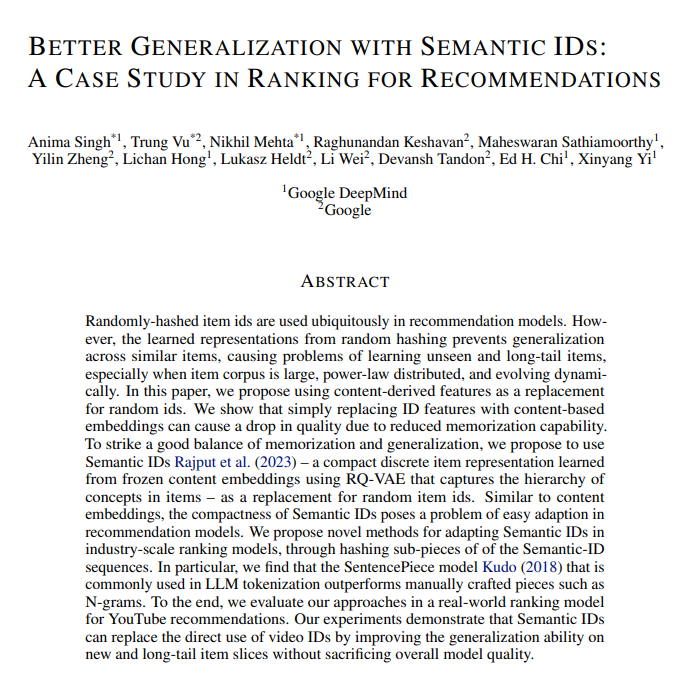 [논문 리뷰] Better Generalization with Semantic IDs: A Case Study in Ranking for Recommendations