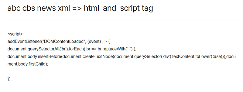 abc cbs news xml => html and script tag