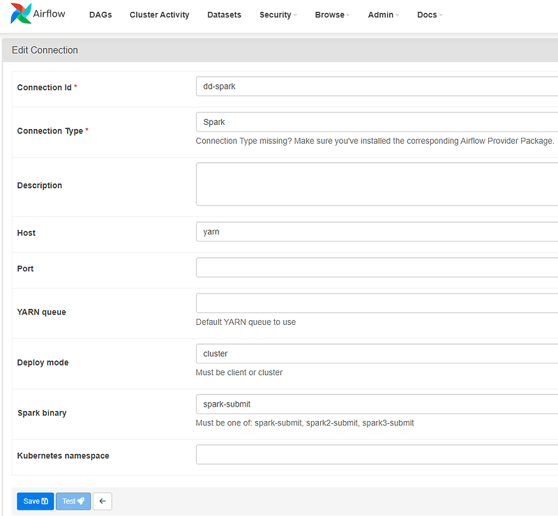 airflow에서 remote spark cluster에 job submit 하기: SparkSubmitOperator