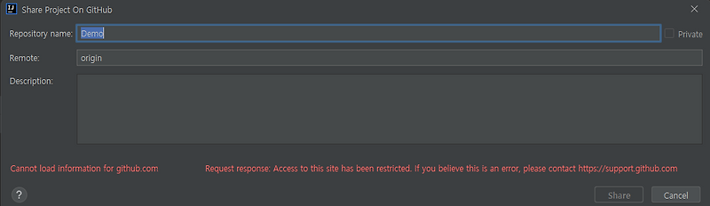 [Error] IntelliJ Github Share - Cannot load information for github. Access to this site has been ...