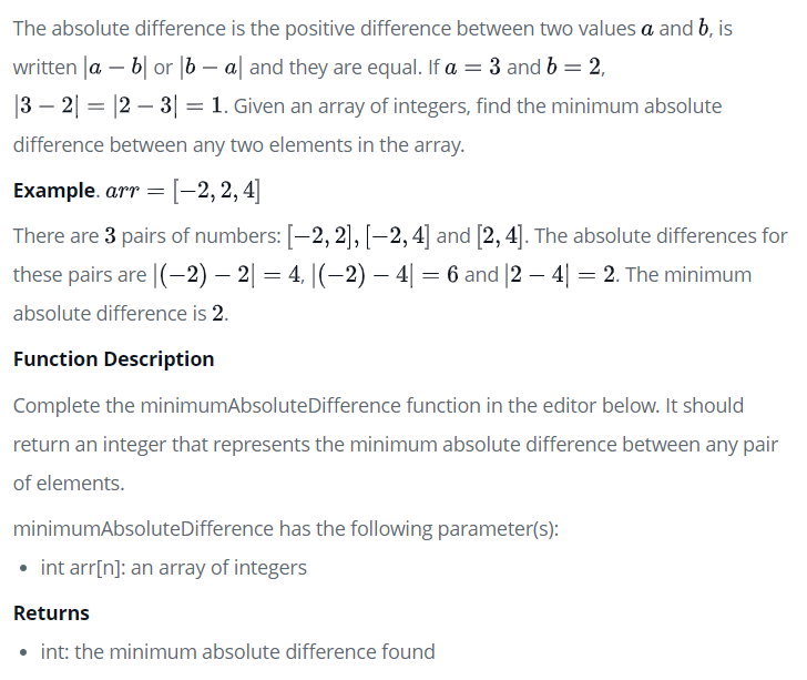 [HackerRank ] Minimum Absolute Difference in an Array