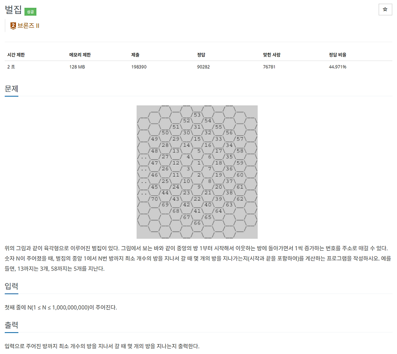 BOJ - 2292 벌집 — skajalf 님의 블로그