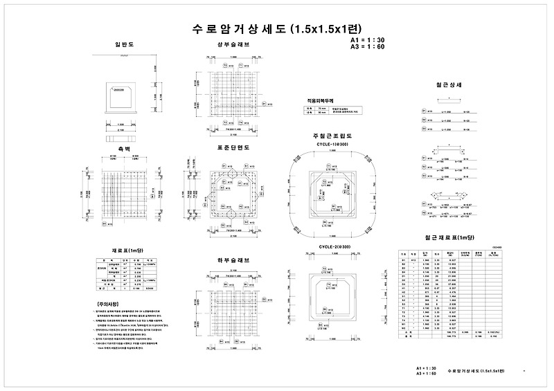수로암거상세도(1.5x1.5x1련) 캐드 dwg 파일 다운