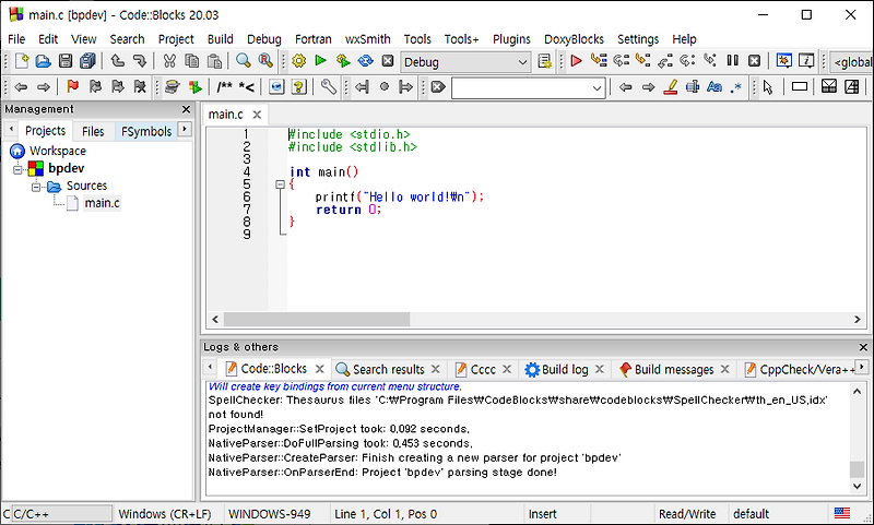C Code::Blocks 설치 및 Hello world :: bpDev