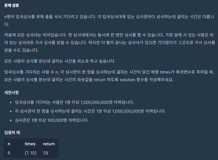 [Programmers Lv.3 / Java] 입국심사(이분탐색) :: 개발 공부기록