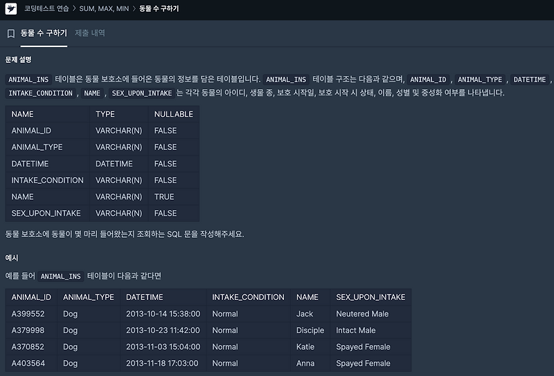 [프로그래머스 코딩테스트 연습 SQL - 02] 동물 수 구하기 (MySQL)