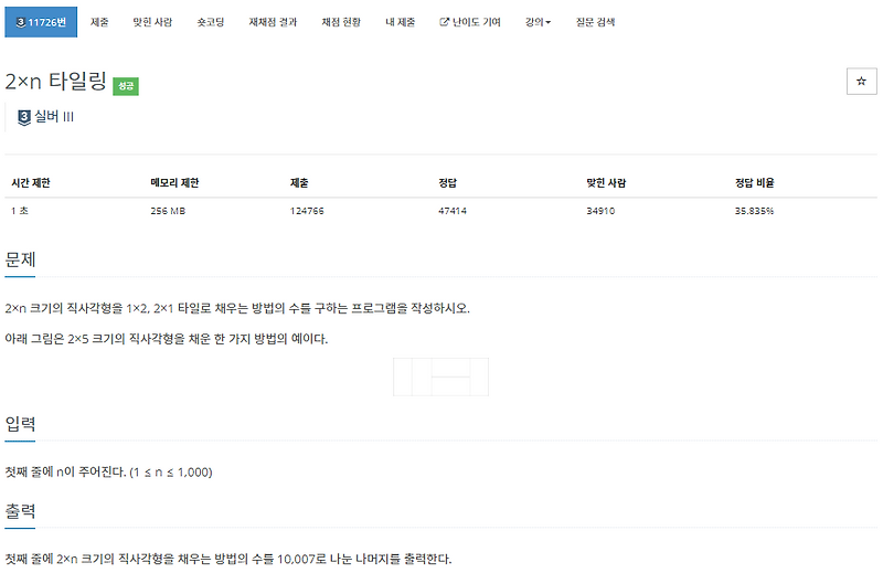 백준[JAVA] 11726.2×n 타일링 - 자바