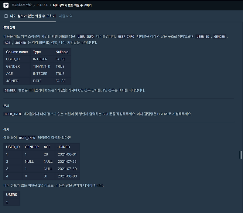 [프로그래머스 SQL] Lv. 1 나이 정보가 없는 회원 수 구하기
