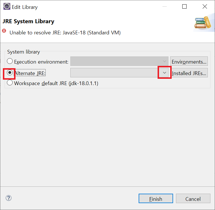 JSP - Unbound classpath container: 'JRE System Library [JavaSE-18]' in project