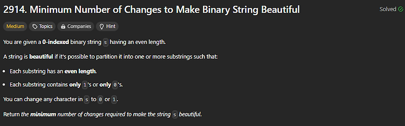 2914. Minimum Number of Changes to Make Binary String Beautiful