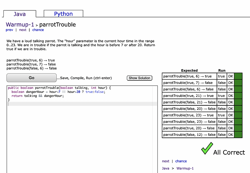 Codingbat-Java] Warmup1 - parrotTrouble — HoLoLo