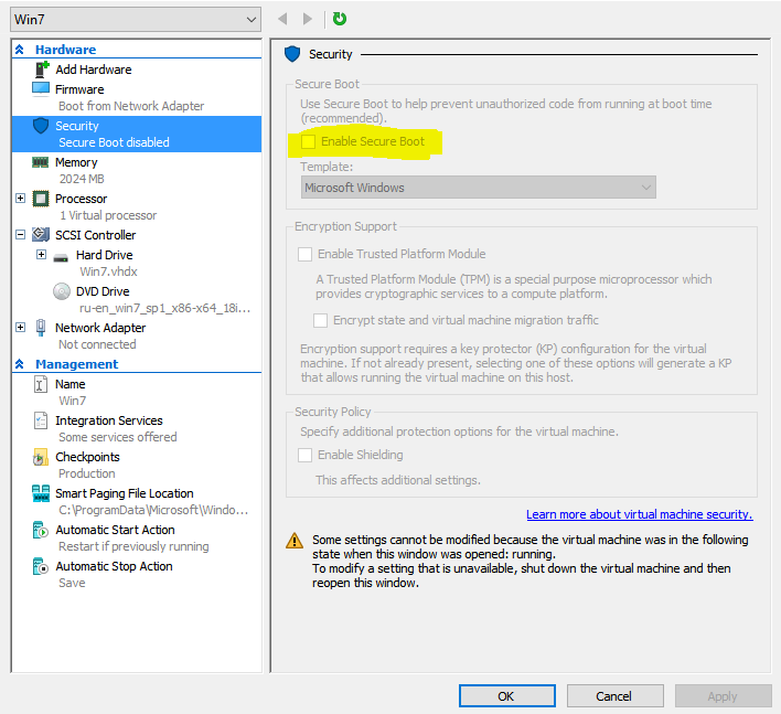 Hyper-V : unsigned image's hash is not allowed