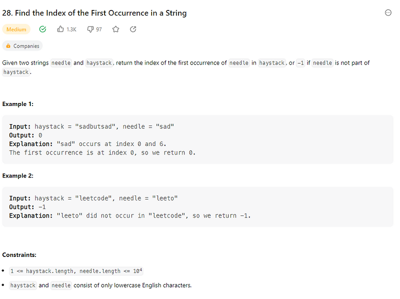 leetcode 28. Find the index of the First Occurence in a String