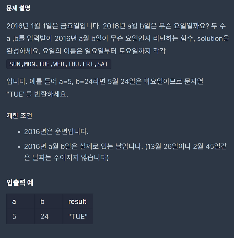 [Python] 2016년 - 프로그래머스(lv.1)